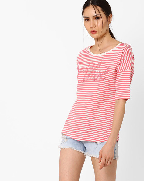 Buy Pink Teamspirit Striped T-shirt with Drop Shoulders | AJIO